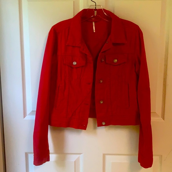 Free People | Jackets & Coats | Free People Red Jean Jacket | Poshmark